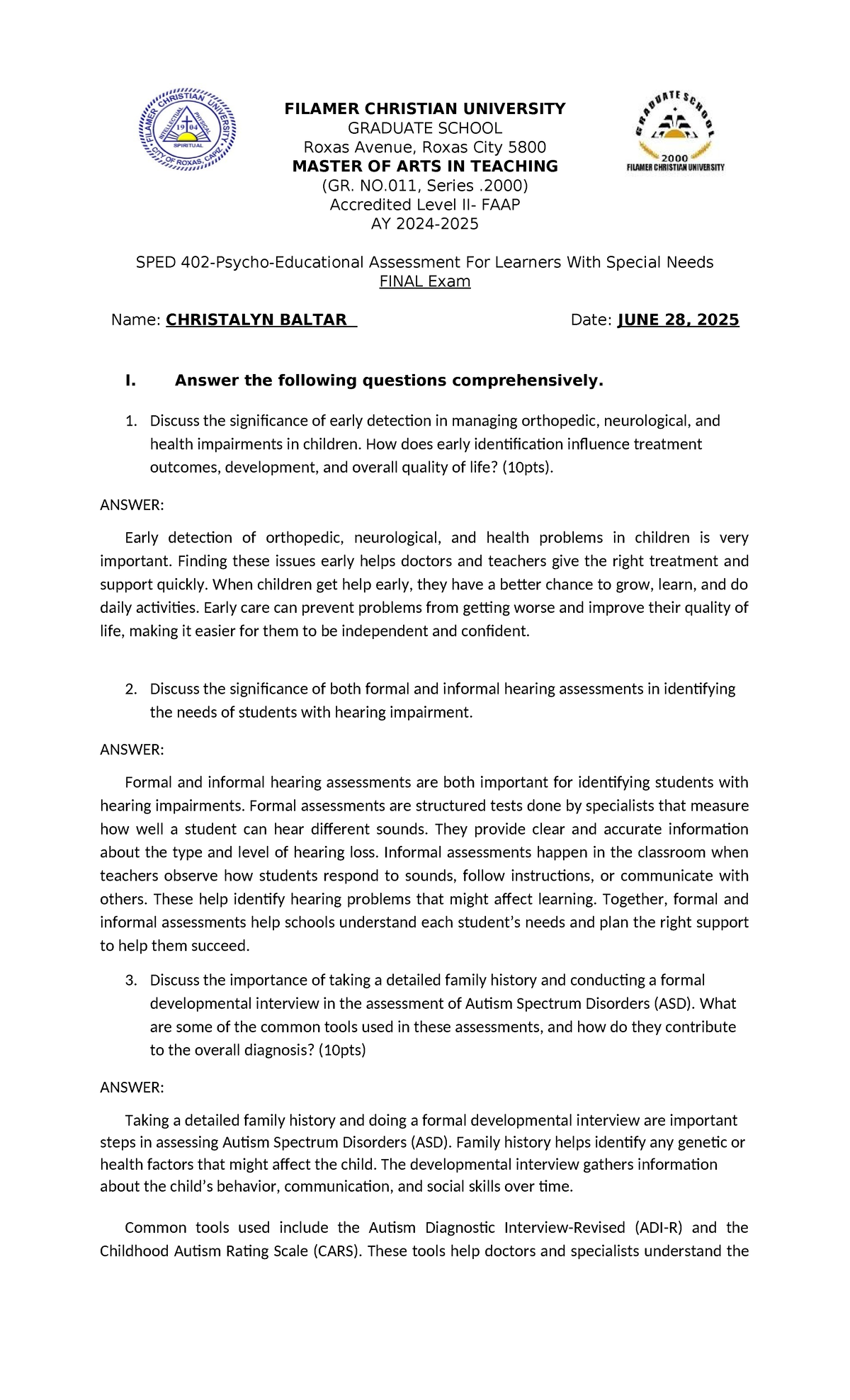 Final Exam 402: SPED Assessment for Learners with Special Needs - Studocu