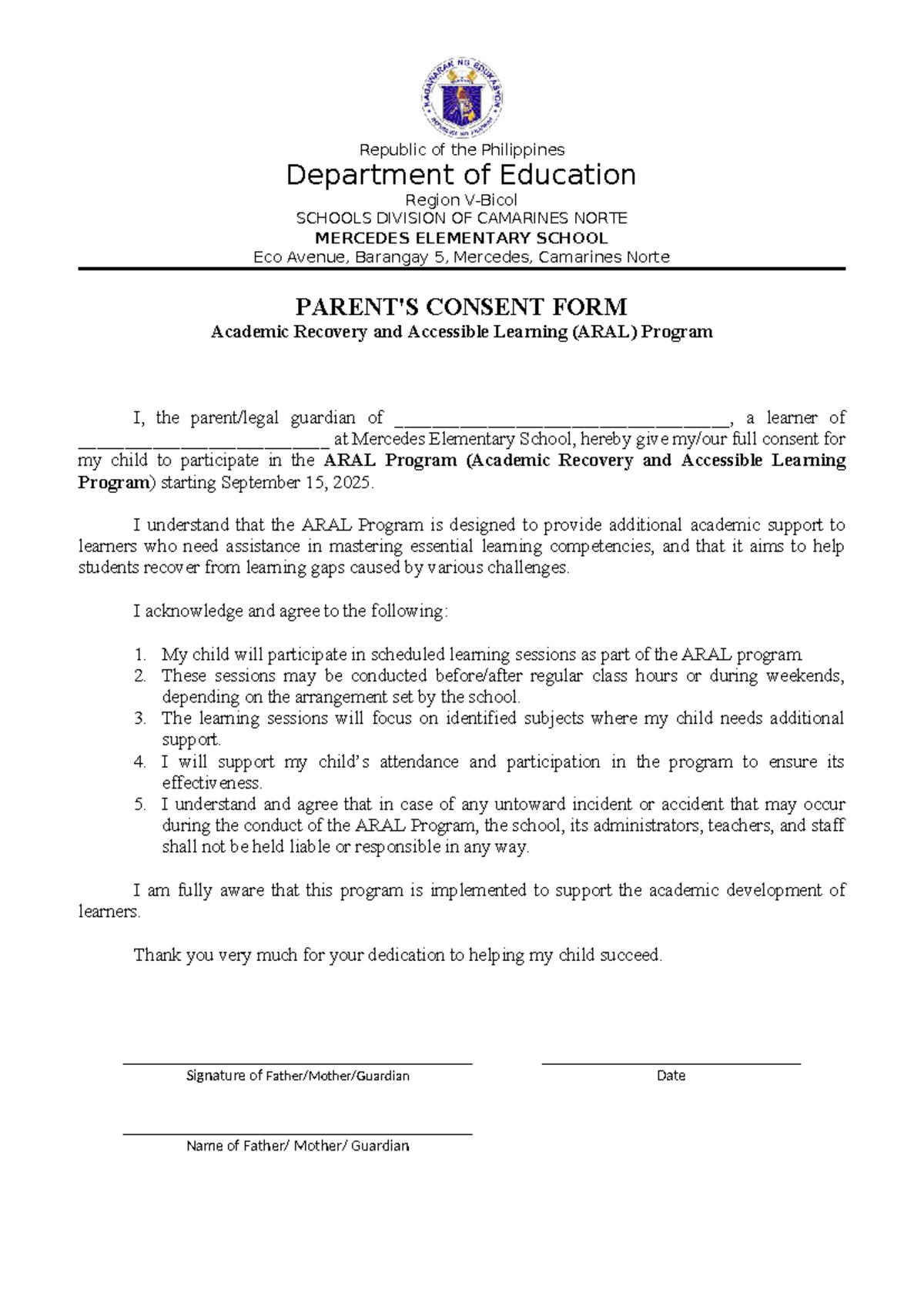 ARAL Program Parent Consent Form - Mercedes Elementary School - Studocu