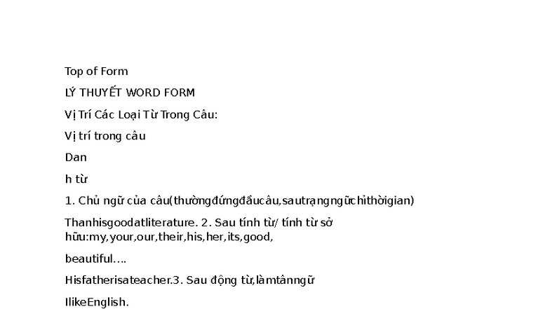 LÝ THUYẾT WORD FORM: Vị Trí Các Loại Từ Trong Câu - Studocu