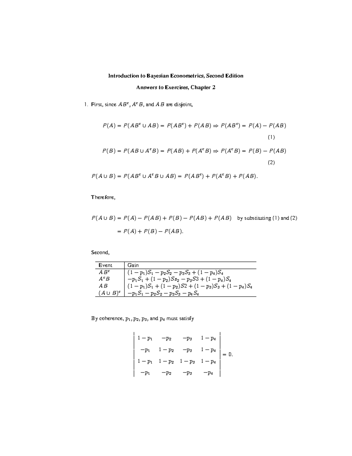 Bayesian Econometrics (ECON 102) Chapter 2 Exercise Answers - Studeersnel