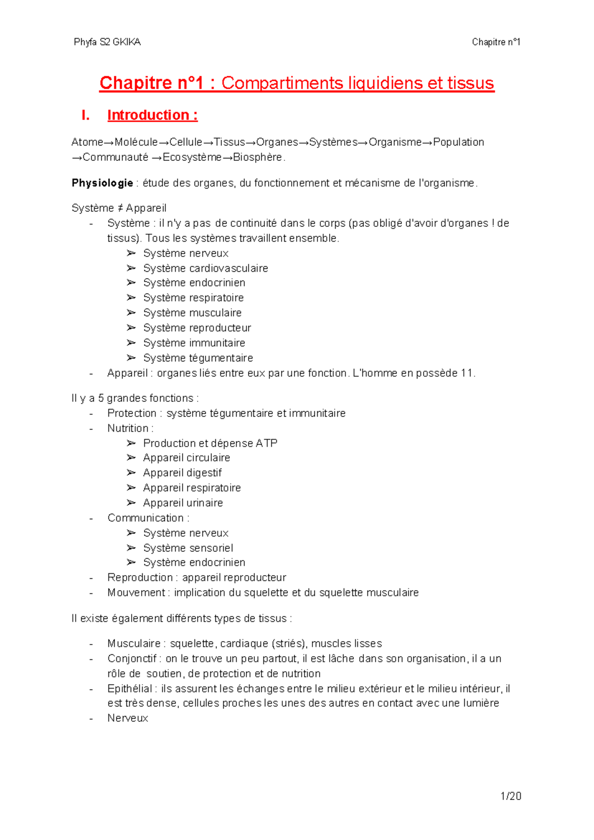 Chapitre n°1 Compartiments liquidiens et tissus - Chapitre n°1 ...