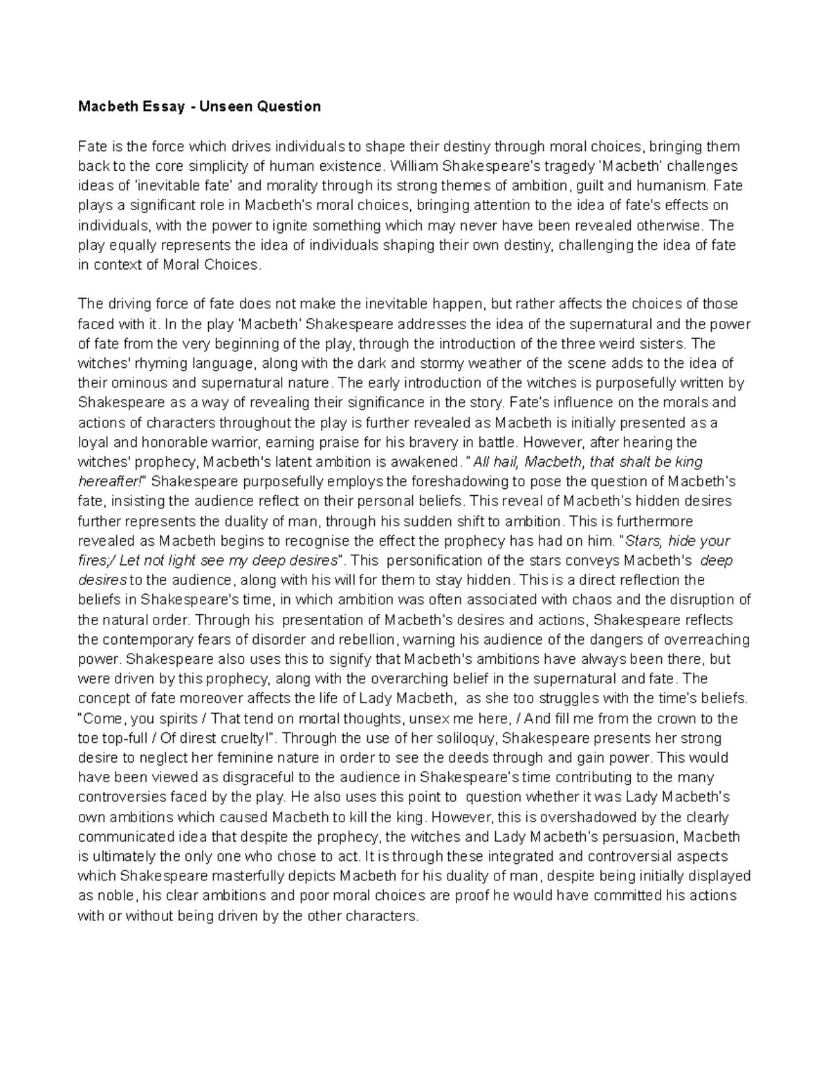 Macbeth Essay (ENG101): The Role of Fate in Moral Choices - Studocu