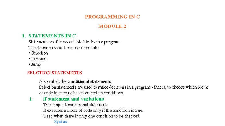 C PGM Module 2: Statements, Loops, and Control Flow in C - Studocu