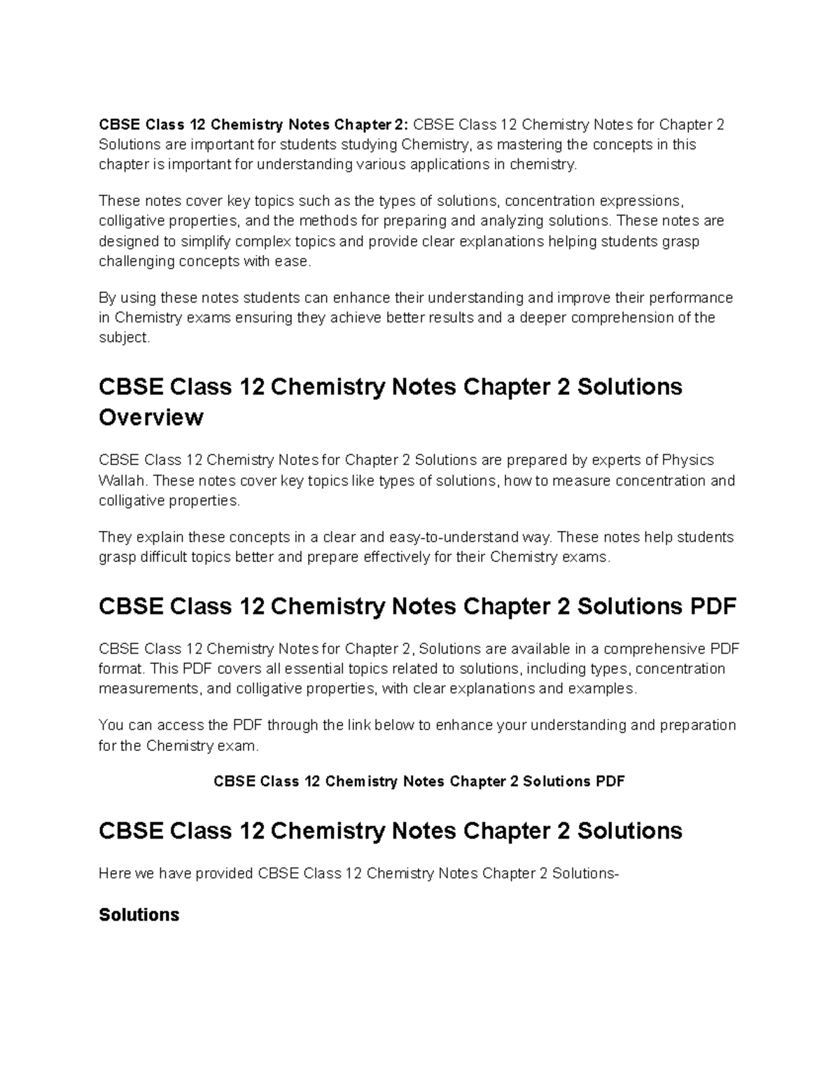 CBSE Class 12 Chemistry Notes: Chapter 2 - Solutions Overview - Studocu