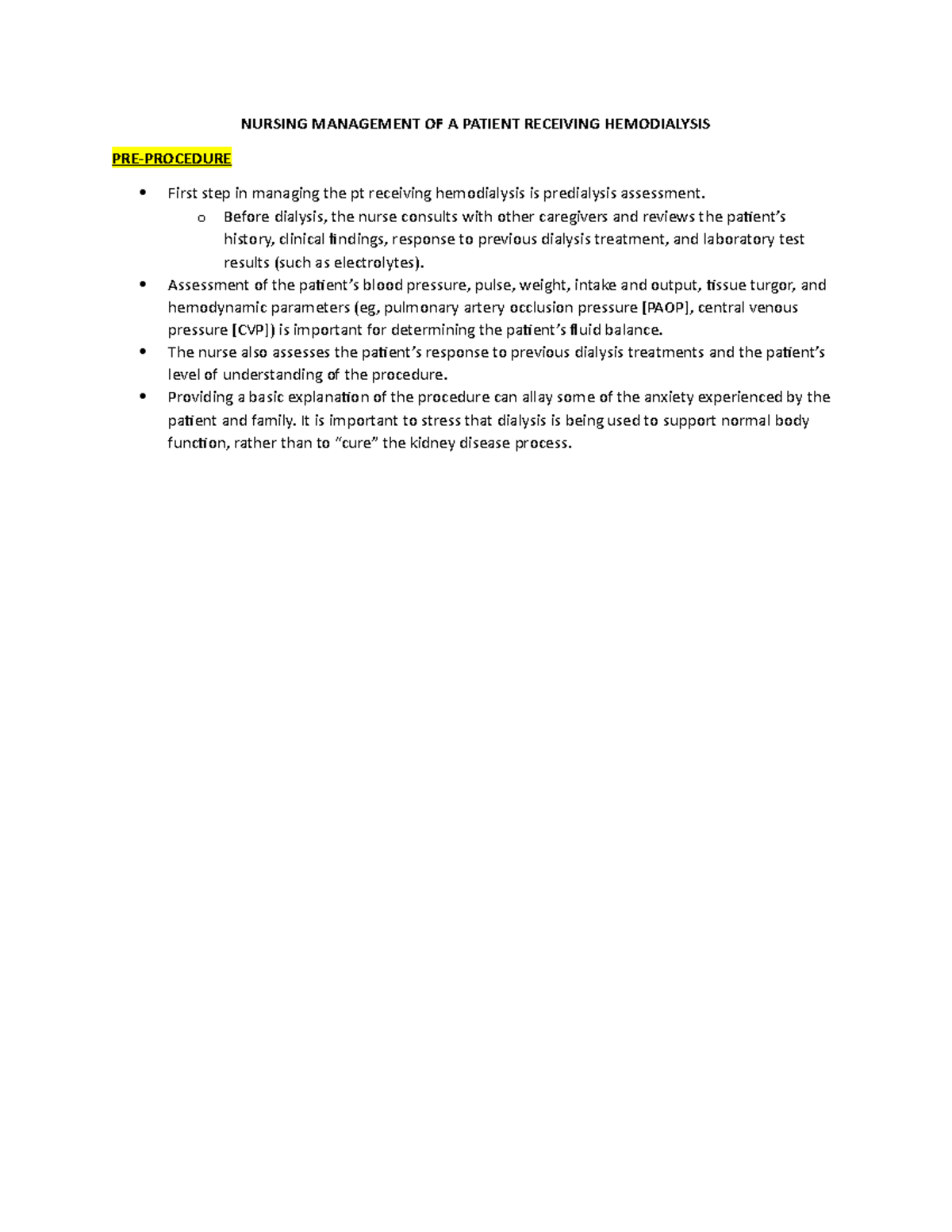 Nursing Management: Pre-Procedure Guidelines for Hemodialysis - Studocu