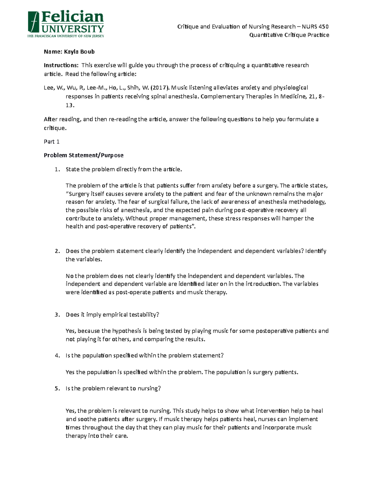 Quantitative Critique Assignment (Course Code: NUR 305) - Studocu
