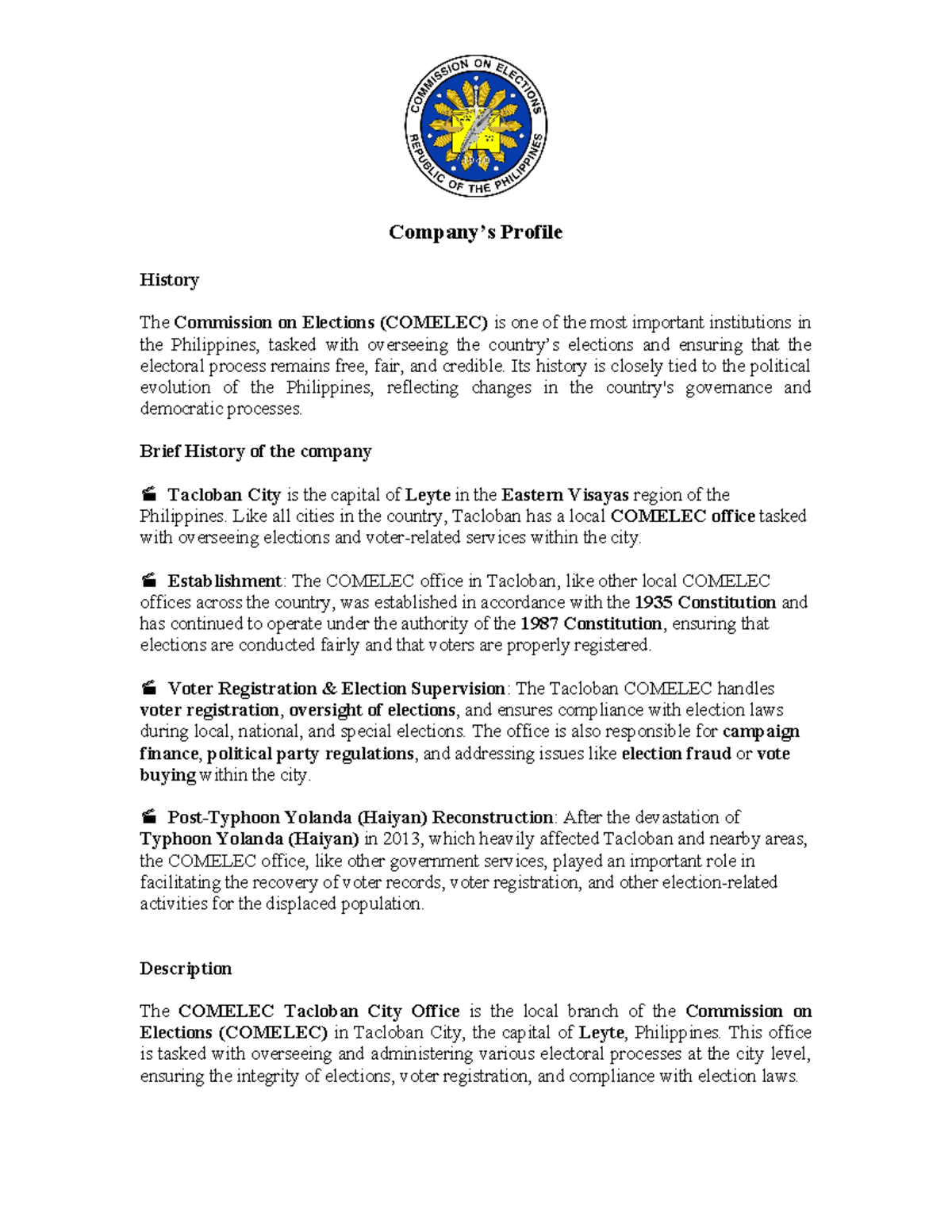 Company Profile: The Local COMELEC Office in Tacloban City - Studocu