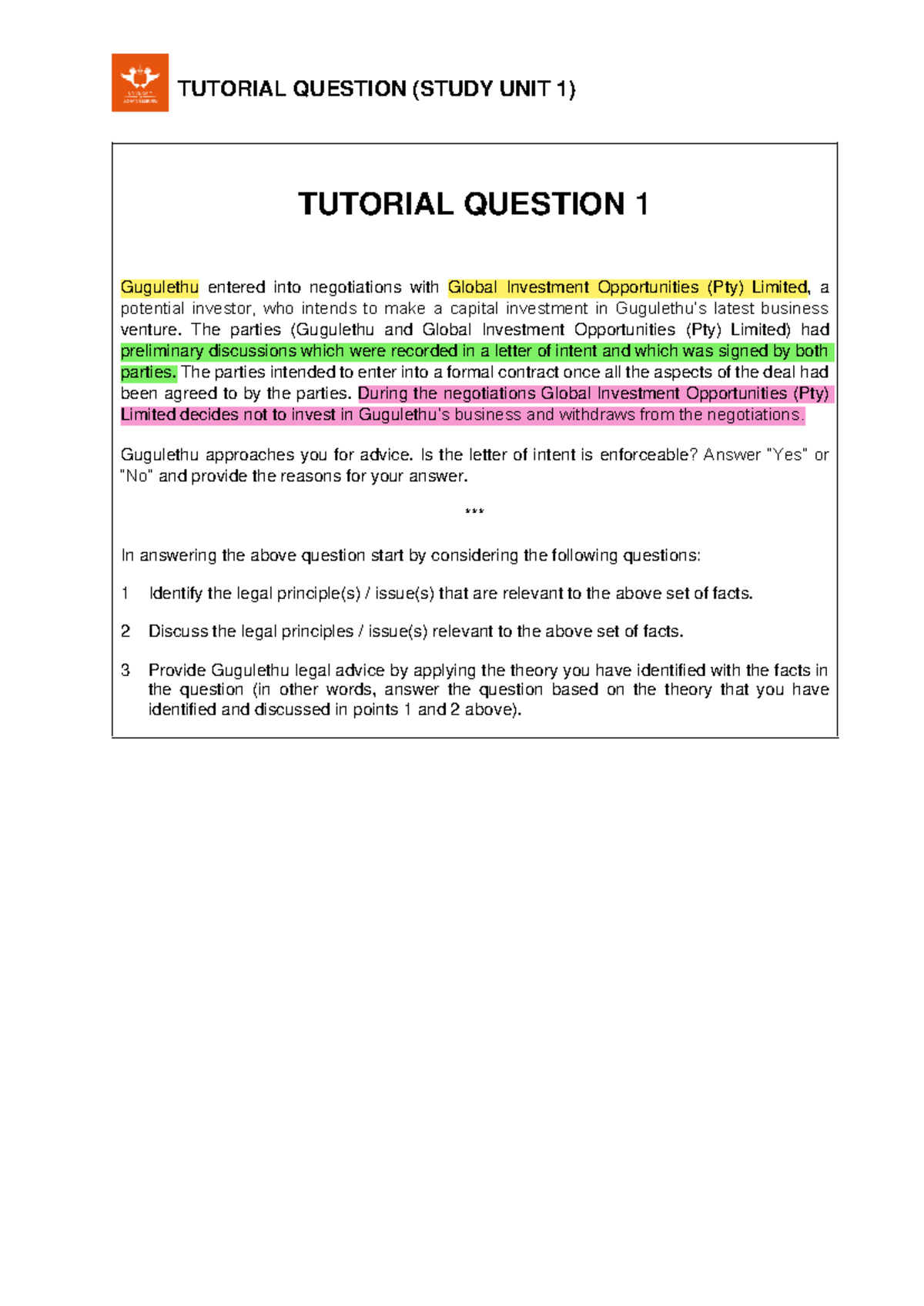 Unit 1 - Tutorial Question 1 - TUTORIAL QUESTION (STUDY UNIT 1 ...