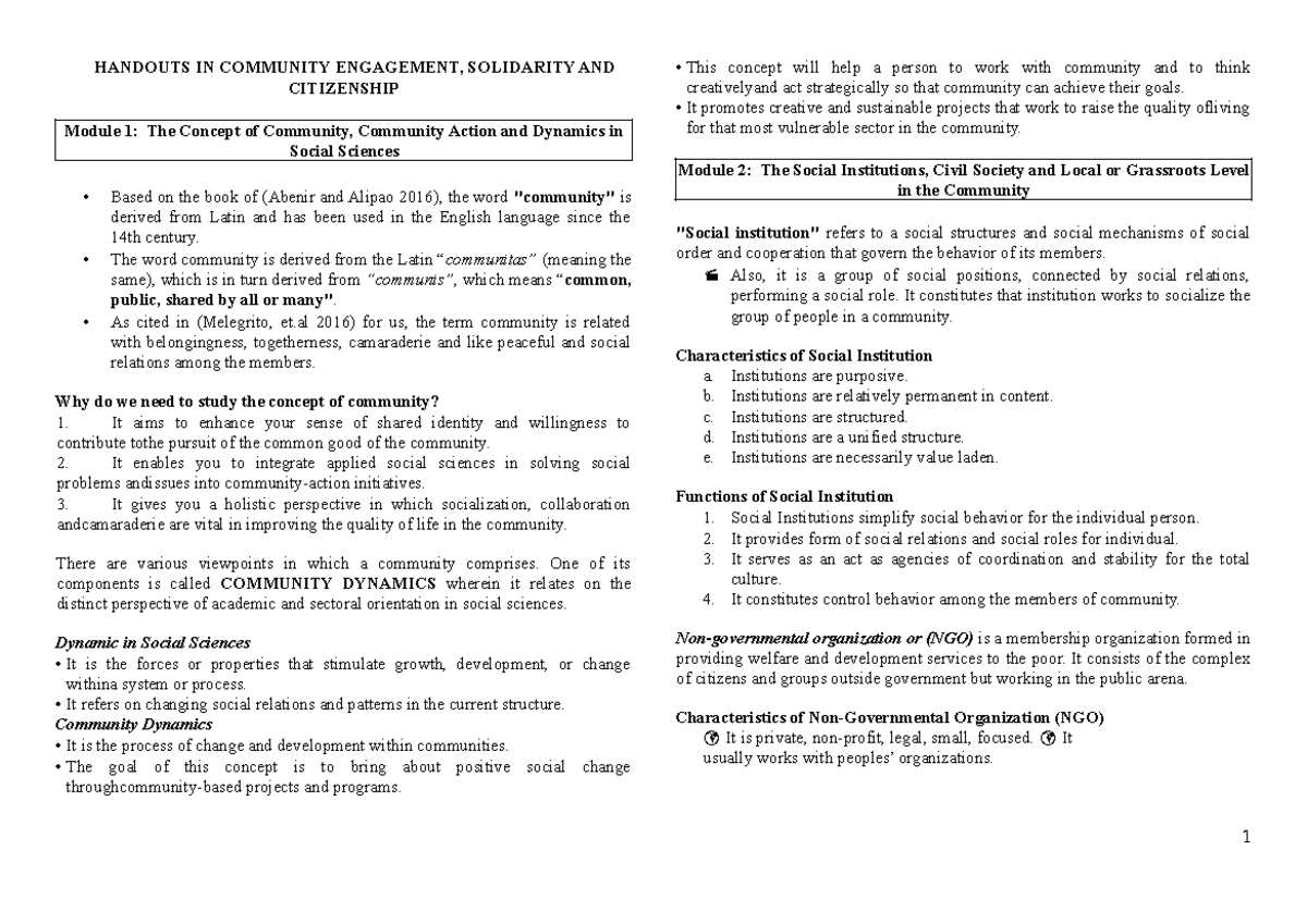 CESC 101: Handouts on Community Engagement & Citizenship Concepts - Studocu