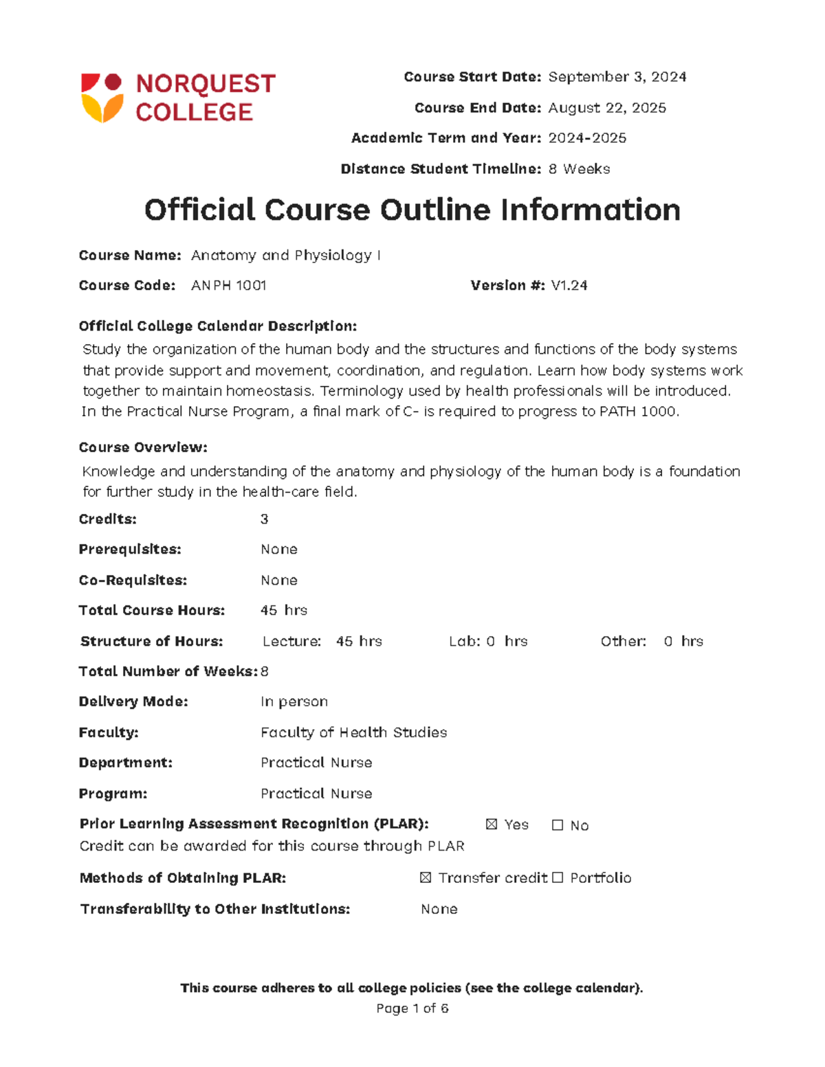 ANPH 1001 Anatomy and Physiology I Course Outline (Version V1.24) - Studocu