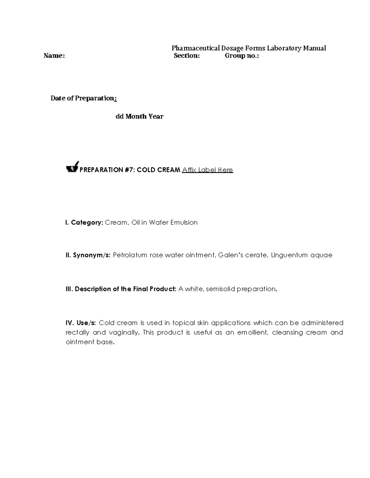 Preparation #7: Cold Cream Formulation Data Sheet - Studocu
