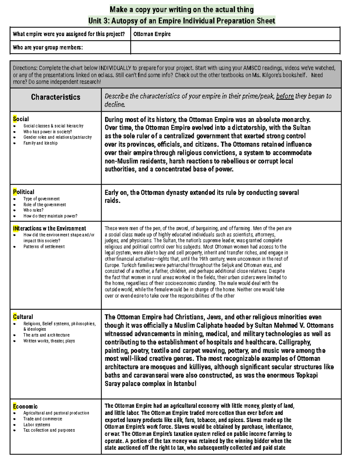 Unit 3: Individual Prep Sheet for Ottoman Empire Autopsy Project - Studocu