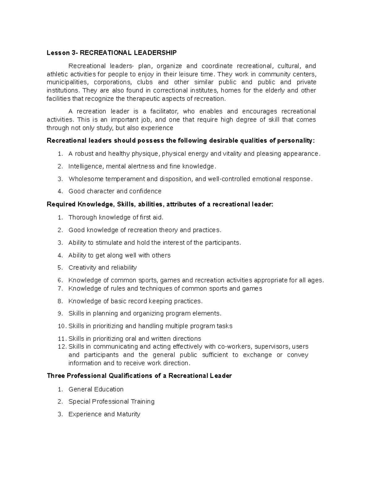 Lesson 3: Qualities and Skills of Successful Recreational Leaders - Studocu