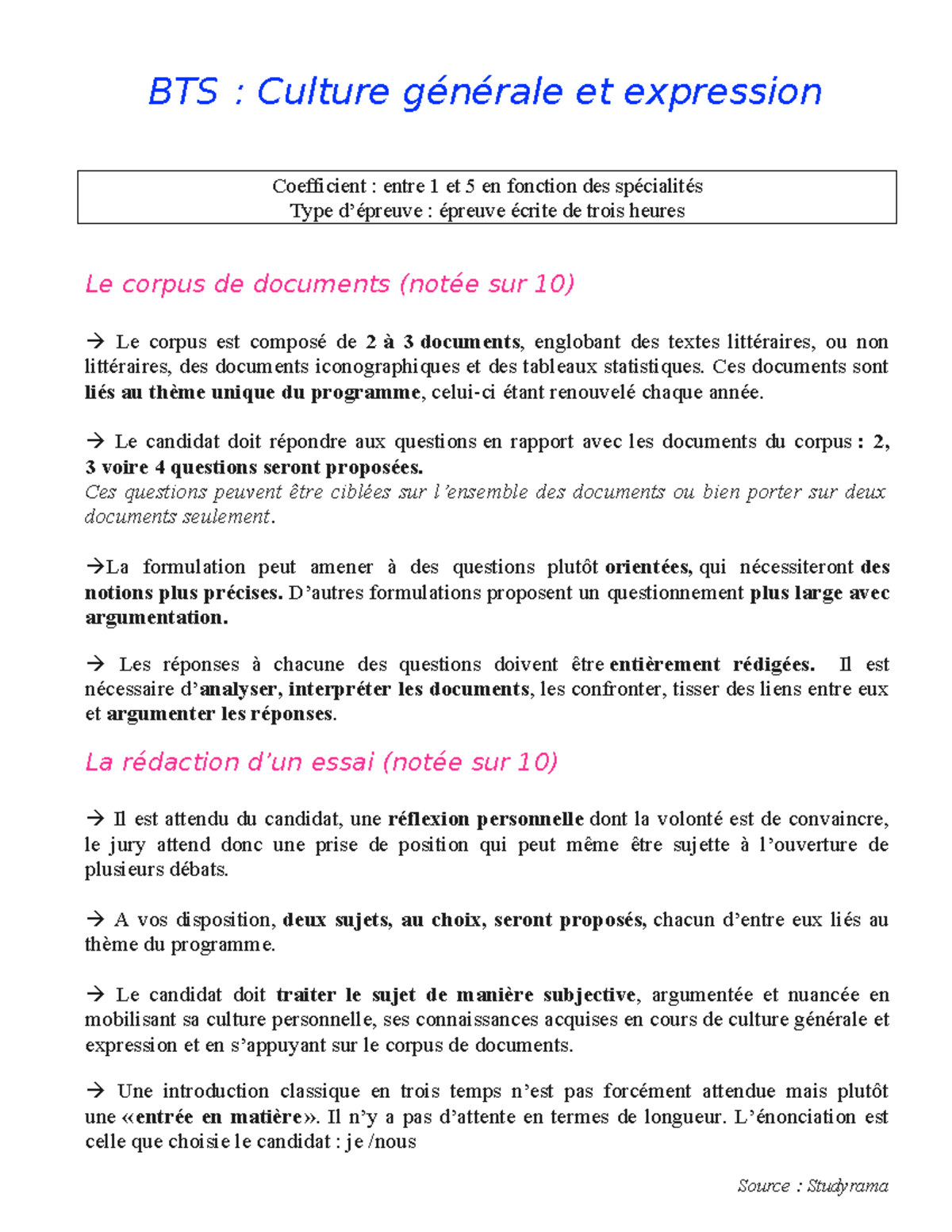 BTS : Culture Générale et Expression - Épreuve Écrite 3h - Studocu