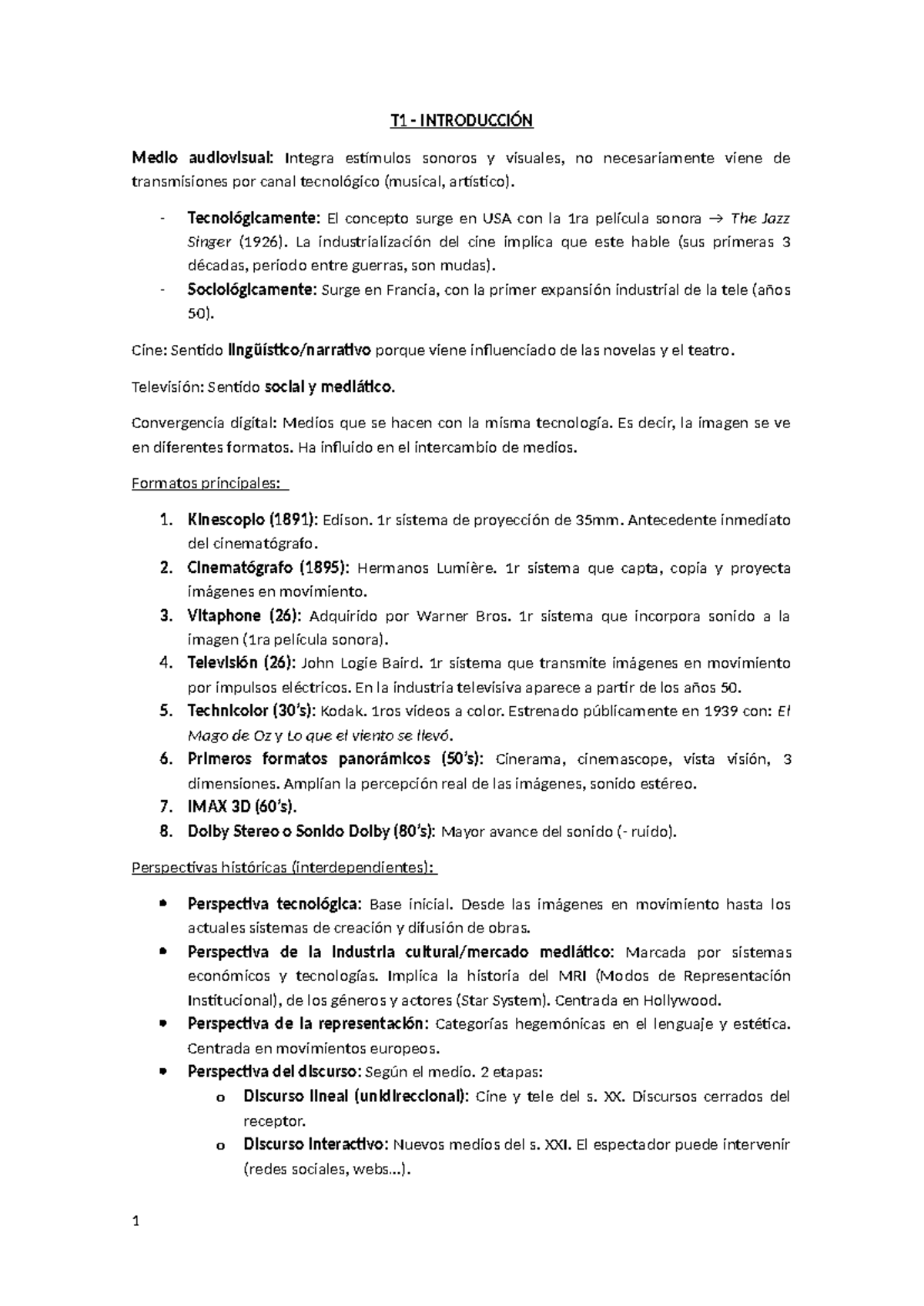 Apuntes Completos: Historia de los Medios Audiovisuales T1 - Studocu