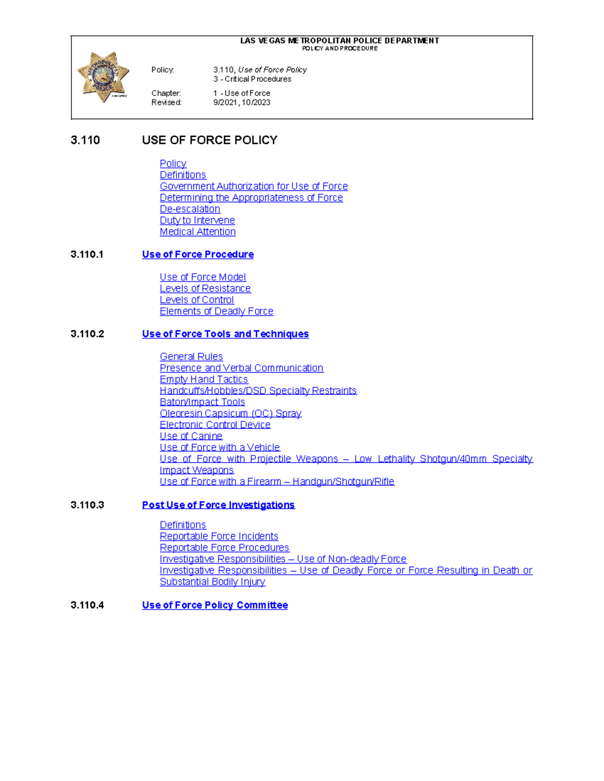 LVMPD Use of Force Policy (3.110) - Revised October 2023 Overview - Studocu