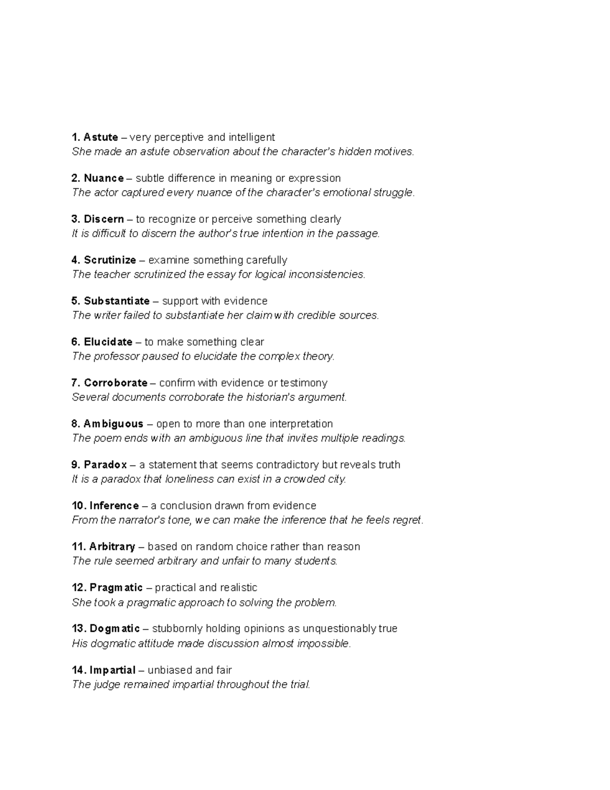 Vocabulary List IX - Key Terms and Definitions for Study - Studocu