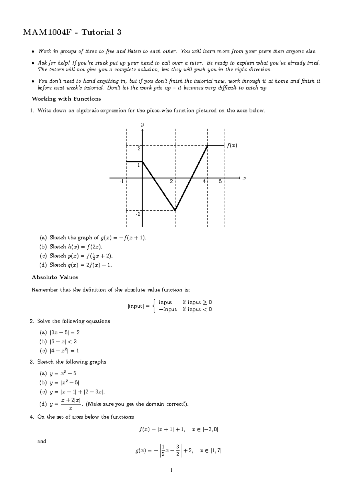 MAM1004F Tutorial 3: Working with Functions and Graph Sketching - Studocu