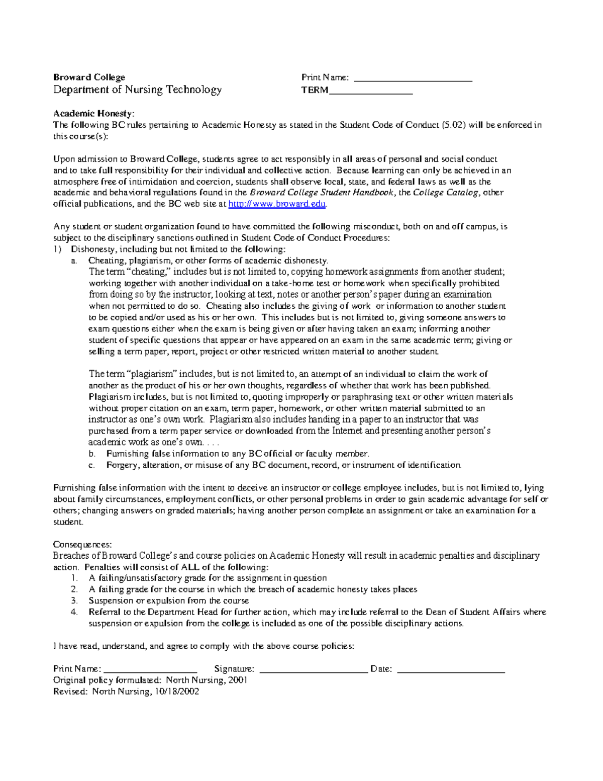 Academic honesty-new logo - Broward College Print Name ...