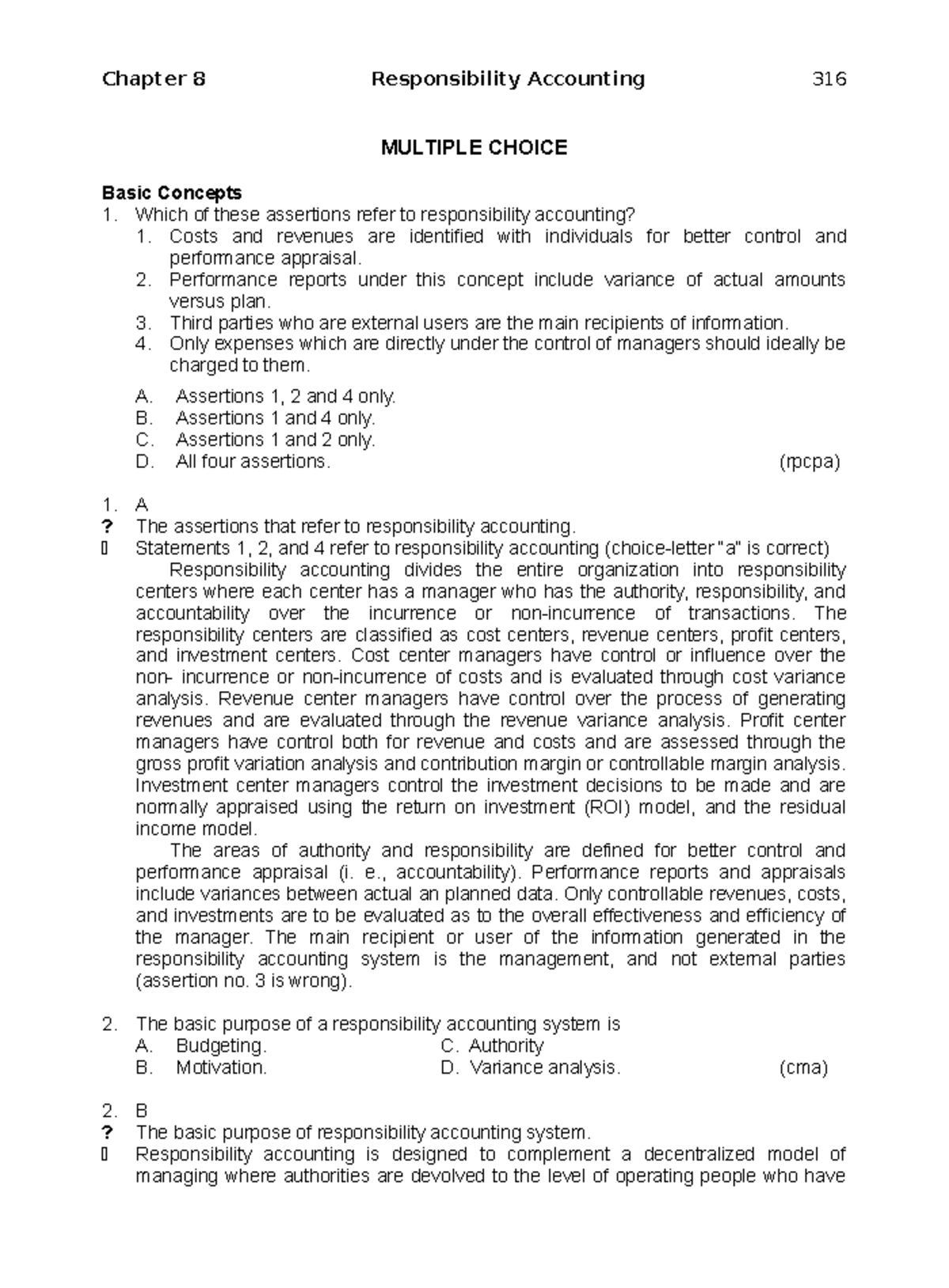 Responsibility-Accounting - MULTIPLE CHOICE Basic Concepts Which of these assertions refer to ...