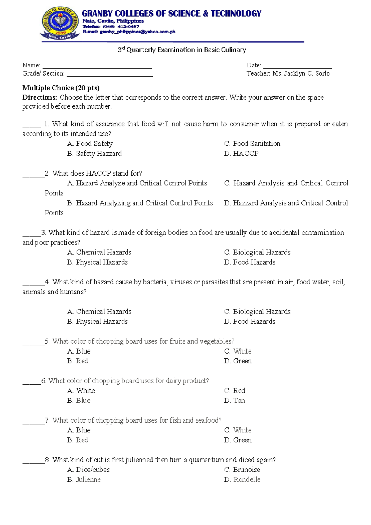 Basic Culinary - 3rd Quarterly Exam - Cookery Specialization - Studocu