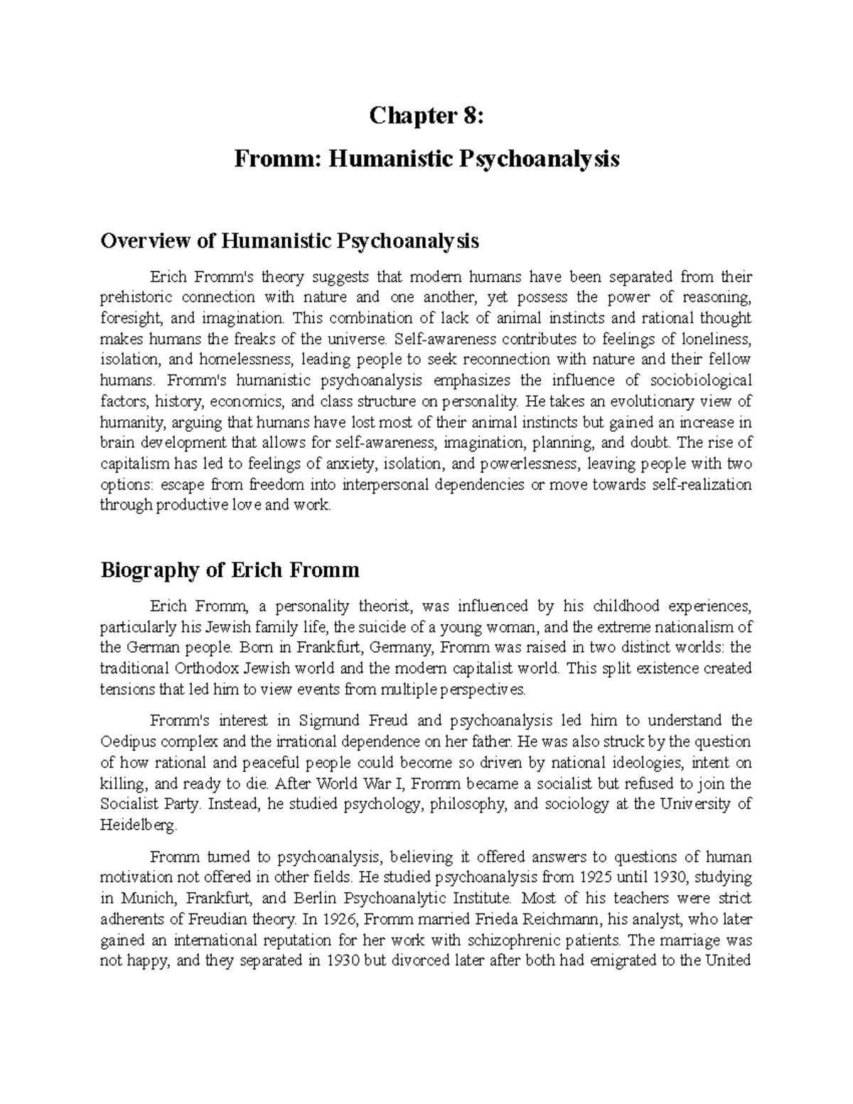 Chapter 8: Overview of Erich Fromm's Humanistic Psychoanalysis Theory ...