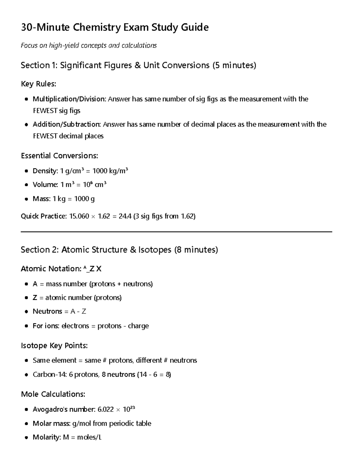 30-Minute CHEM 101 Exam Study Guide: Key Concepts & Calculations - Studocu