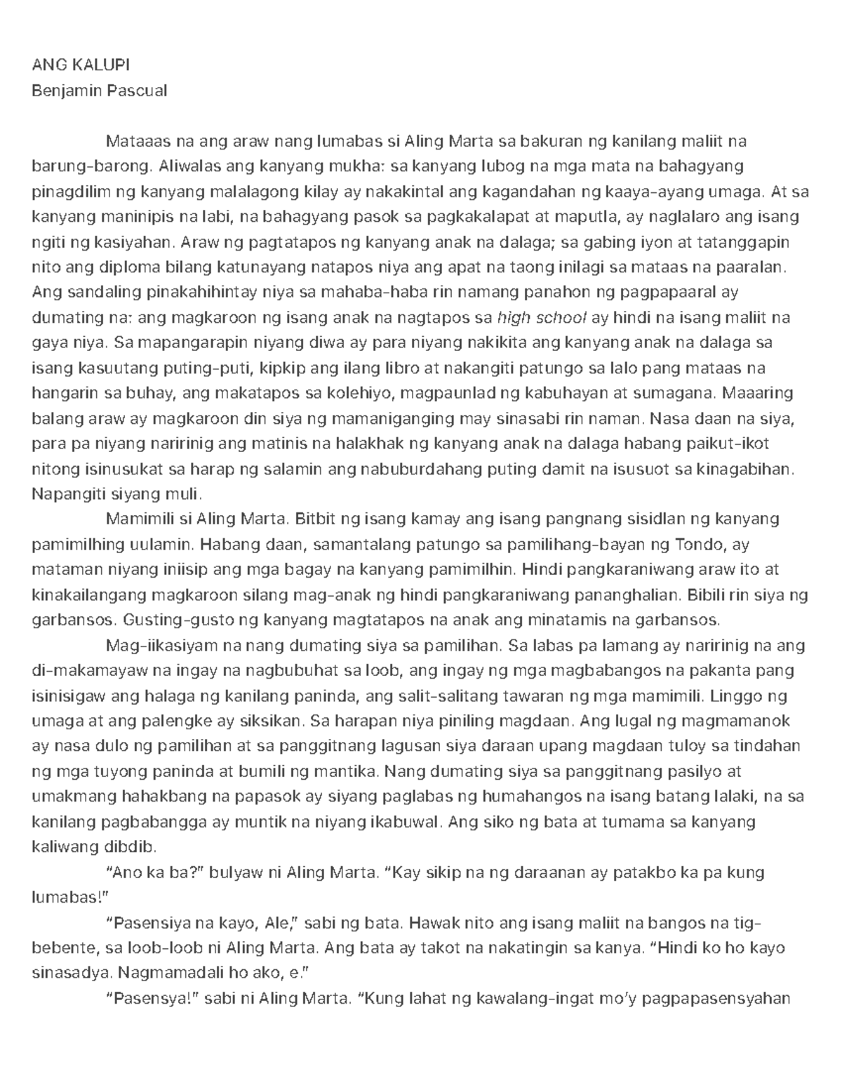 ANG Kalupi - Short story - ANG KALUPI Benjamin Pascual Mataaas na ang ...