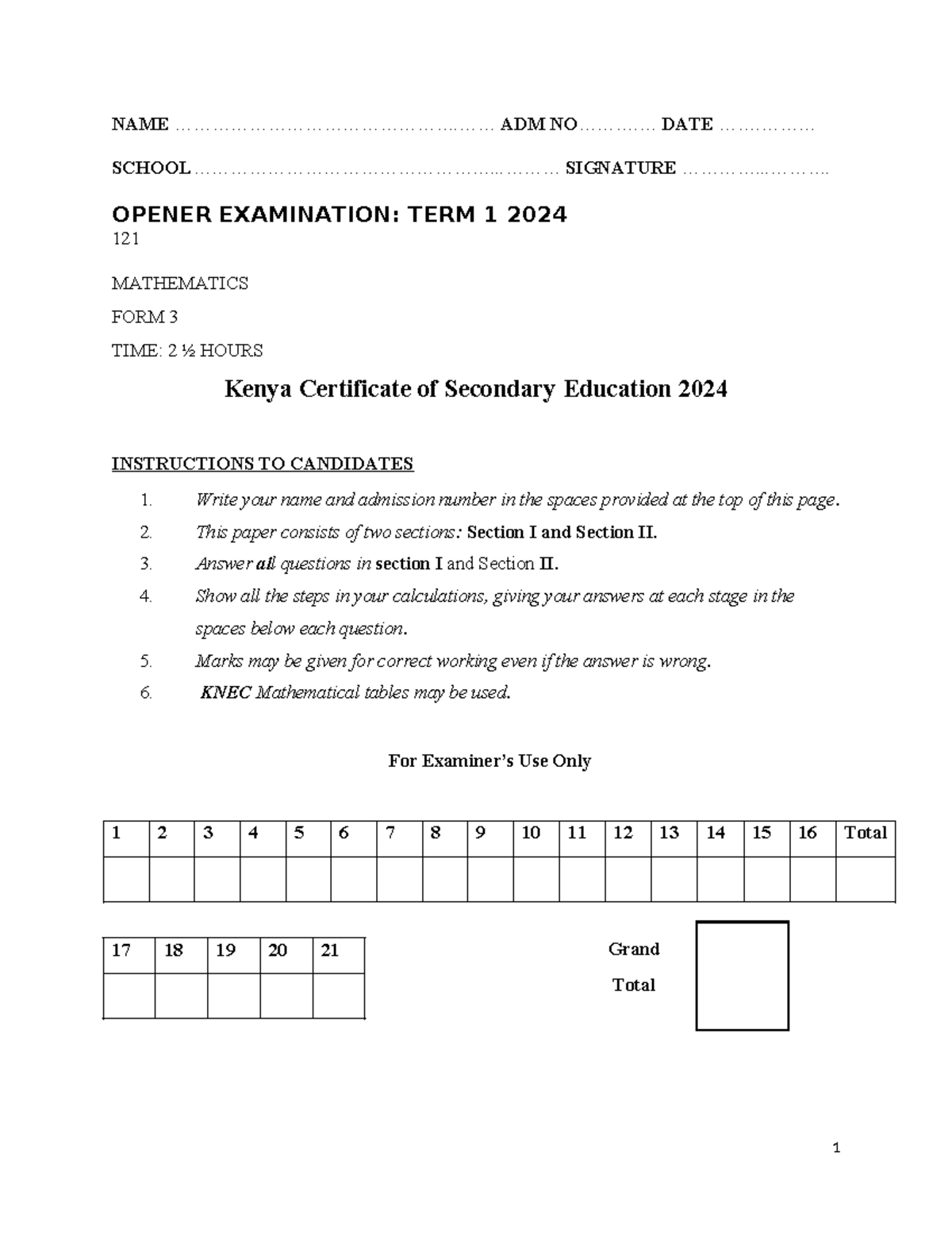 Mathematics Form 3 Term 1 Examination Questions 2024 - Studocu