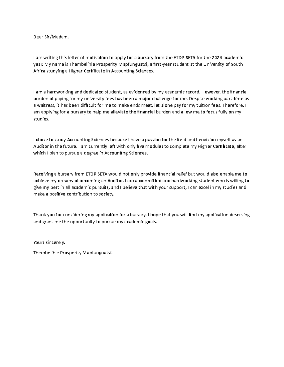 Motivational Letter for ETDP SETA Bursary Application 2024 - Studocu