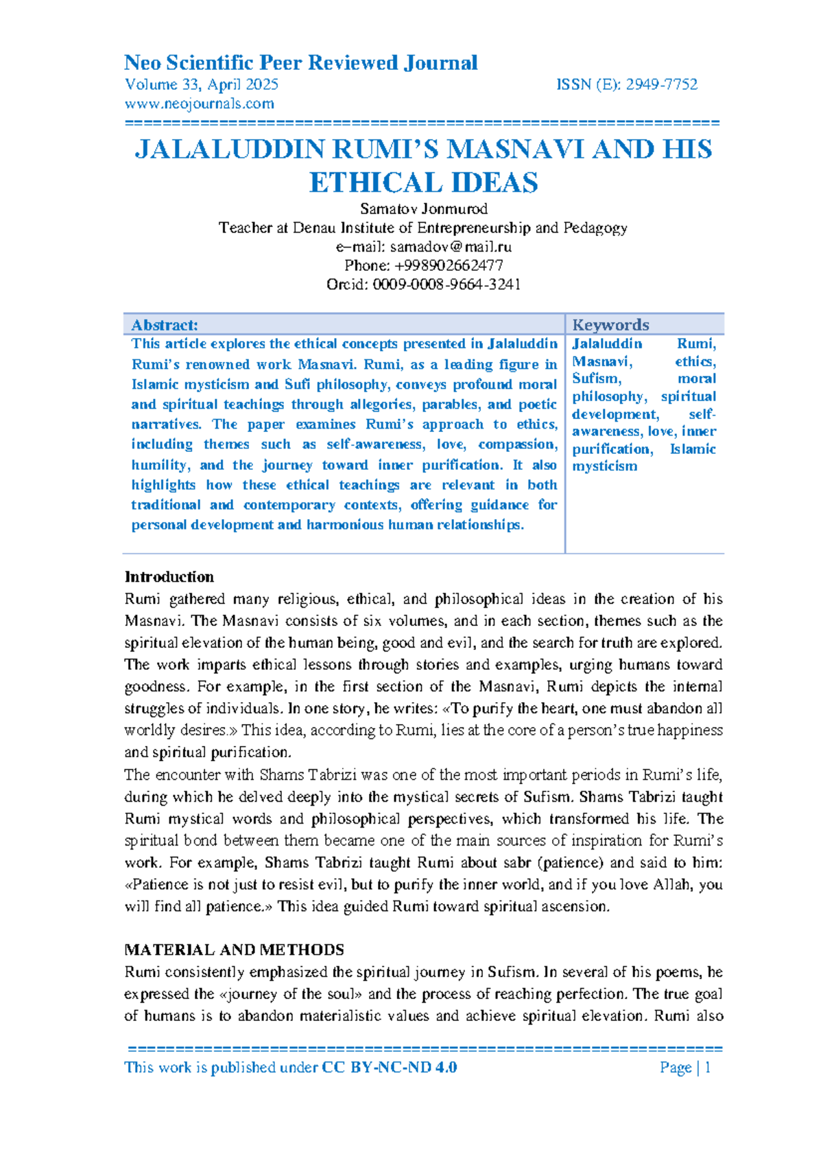 JALALUDDIN RUMI'S MASNAVI: EXPLORING ETHICAL IDEAS - Studocu