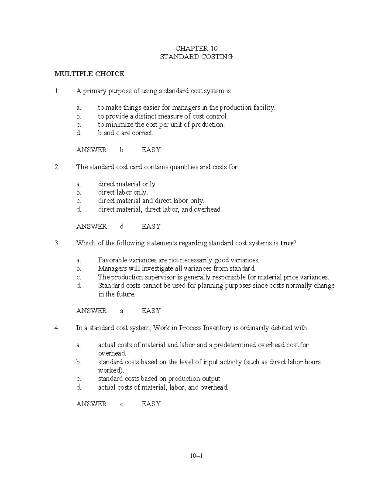 CHAPTER 10 STANDARD COSTING MULTIPLE CHOICE QUESTIONS - Studocu