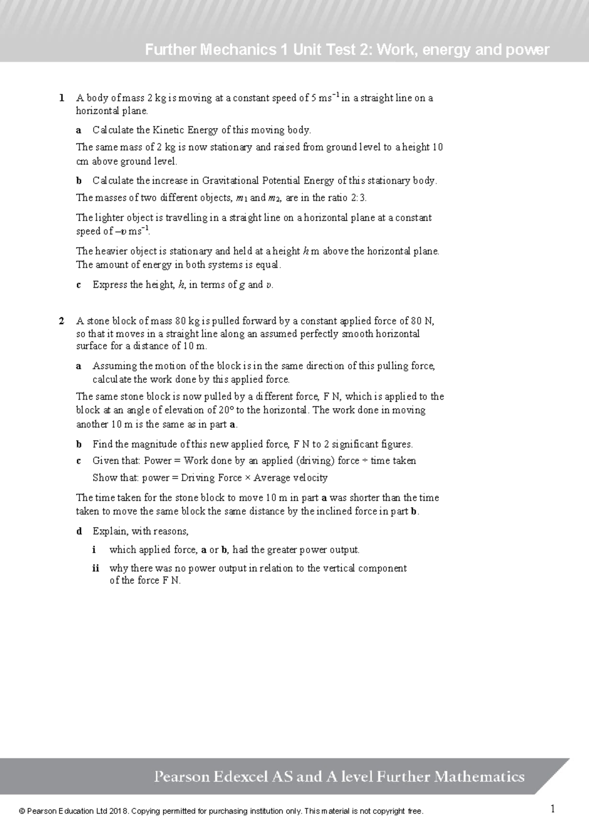 Further Mechanics 1 Unit Test 2: Work, Energy, and Power Analysis - Studocu