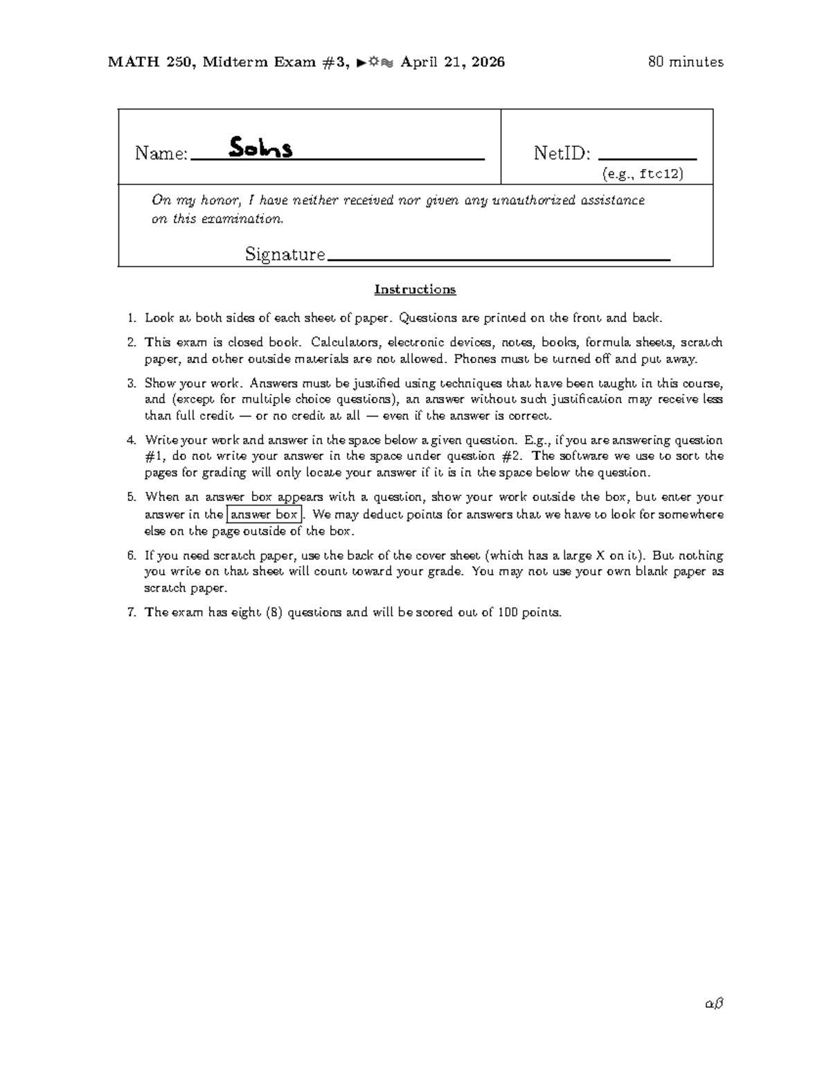 MATH 250 Midterm Exam #3 - April 2026 - Studocu