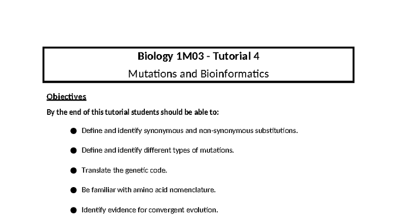 Biology 1M03 Tutorial 4: Mutations & Bioinformatics Overview W2025 - Studocu