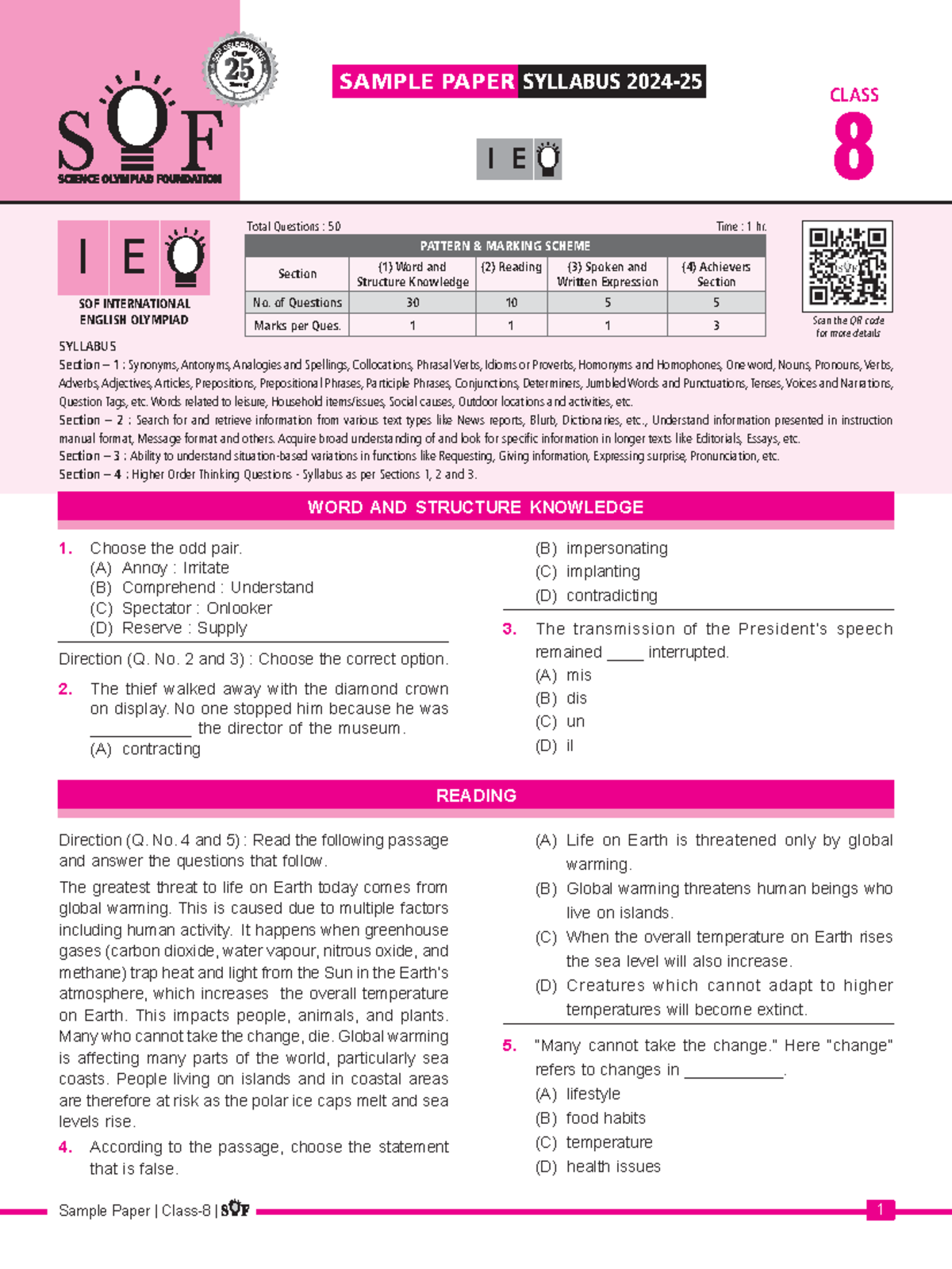 Ieo sample paper class-8 - Sample Paper | Class-8 | 1 SAMPLE PAPER SYLLABUS 2024- CLASS 8 SOF ...