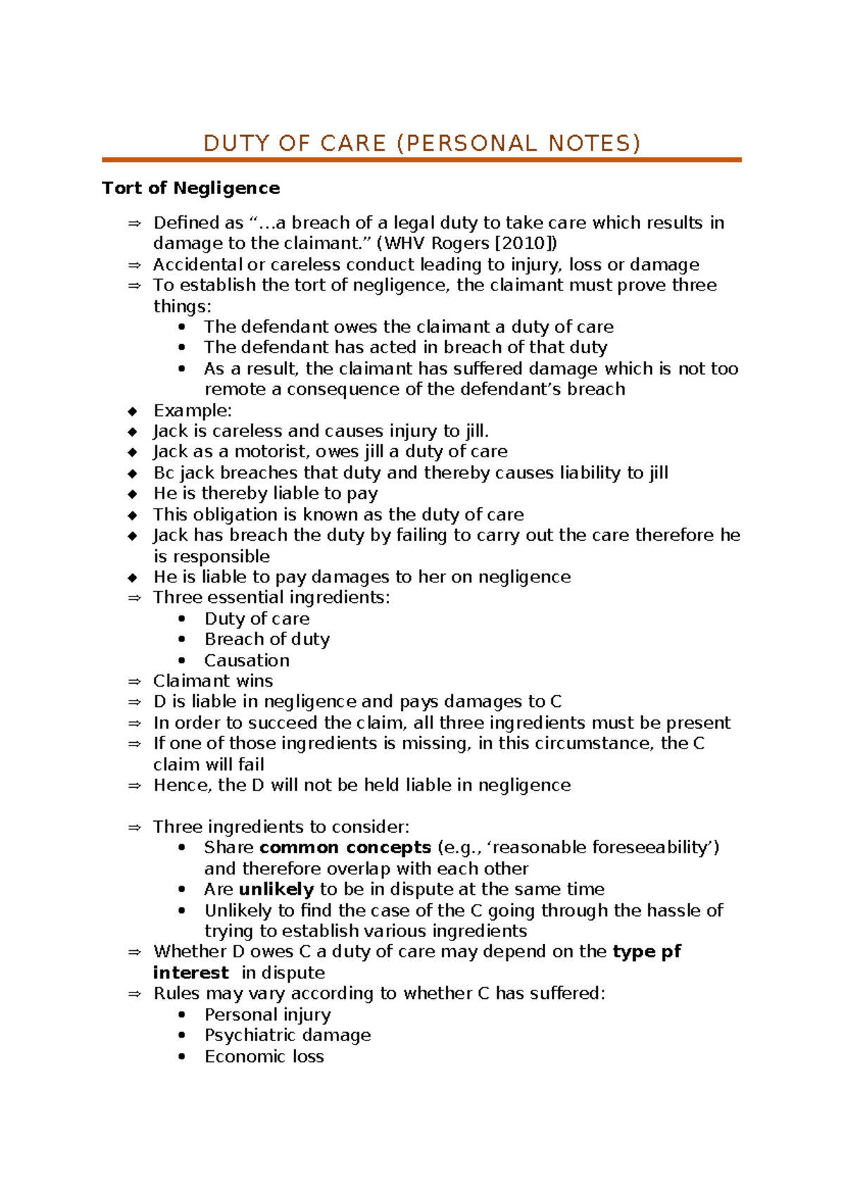 DUTY OF CARE: Tort of Negligence Explained (Personal Notes) - Studocu