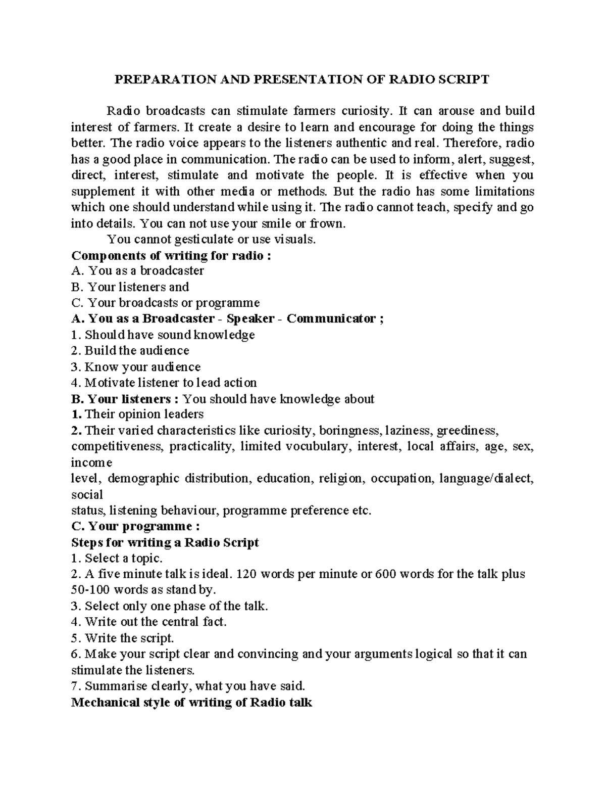 Preparation AND Presentation OF Radio Script - PREPARATION AND ...