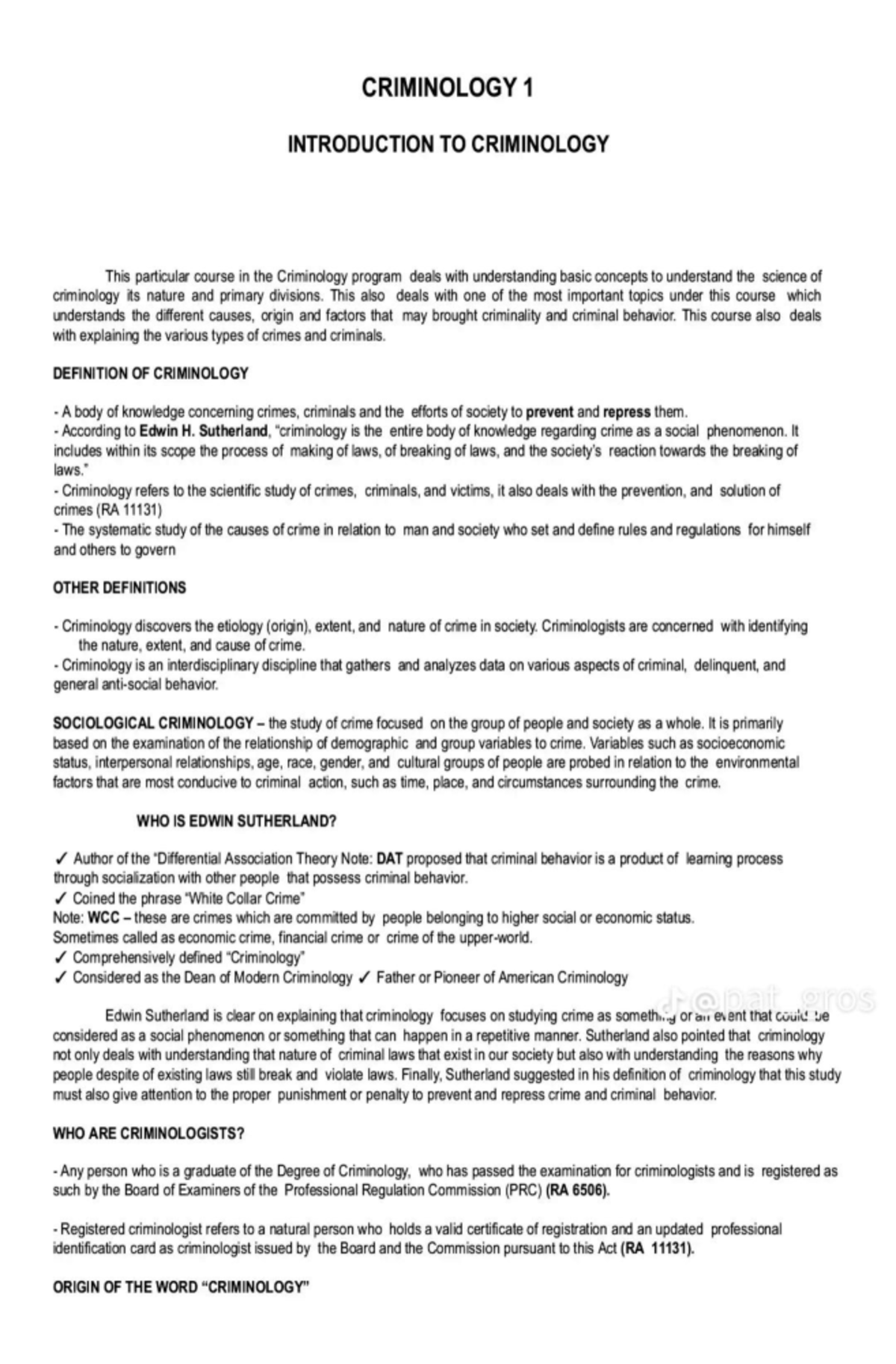 CRIM 101: Intro to Criminology - Key Concepts & Theories Overview - Studocu