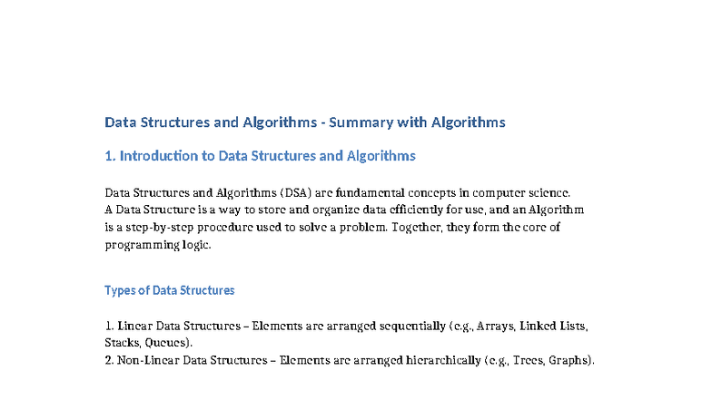 Data Structures and Algorithms (DSA) Summary for CS101 - Studocu