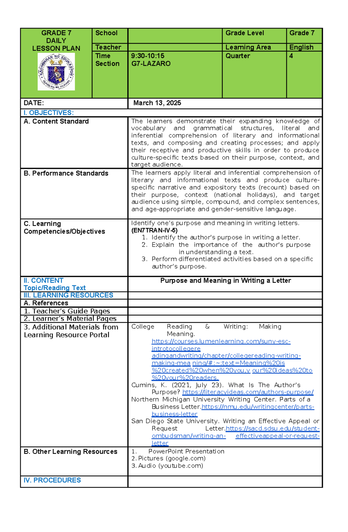 Grade 7 English Lesson Plan: Understanding Purpose in Writing - Studocu