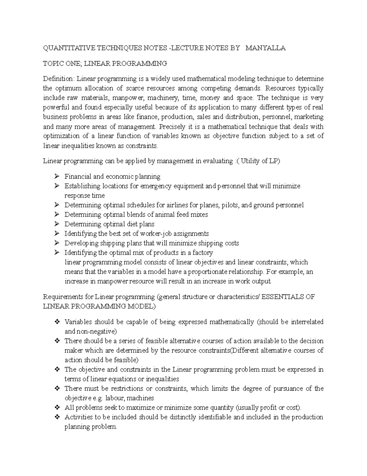 Qt Notes Quantitative Techniques Notes Lecture Notes By Manyalla Topic One Linear