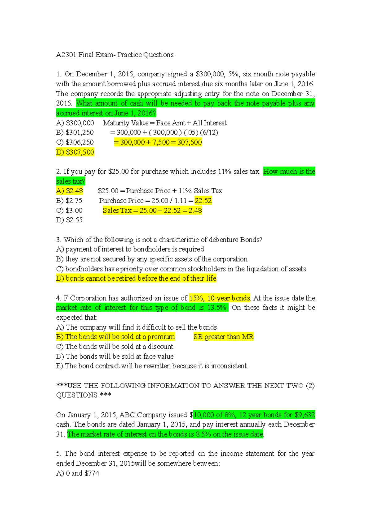 ACCT 2301 Final Exam Review: Questions & Answers for Practice - Studocu