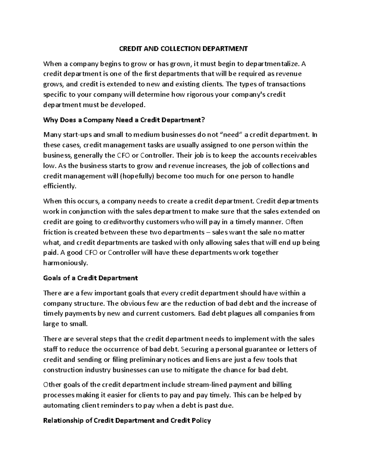 Credit and Collection Department Overview and Structure Analysis - Studocu