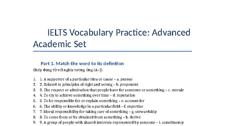 IELTS Vocabulary Practice: Advanced Academic Set Part 1 & 2 - Studocu