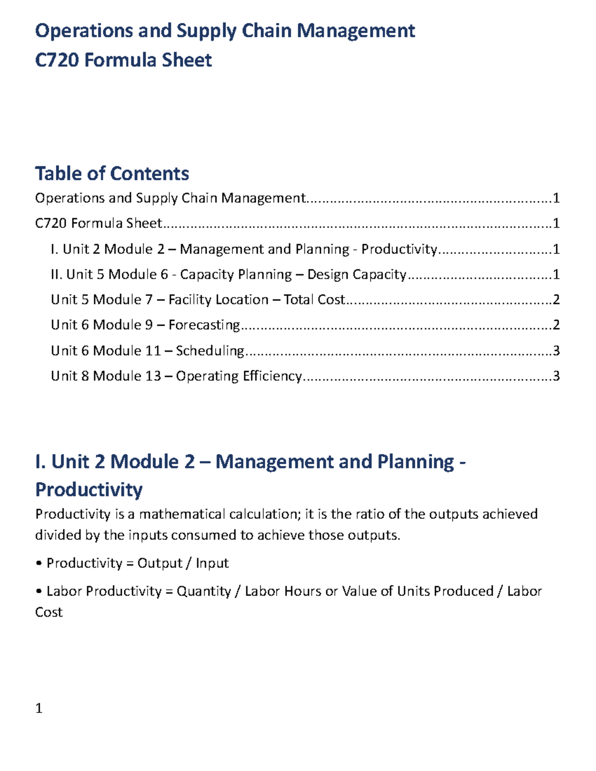C720 Formula Sheet w Table 12-22 - Operations and Supply Chain ...