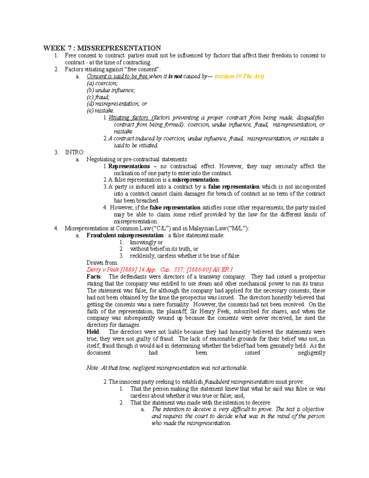 W7: Understanding Misrepresentation in Contract Law - Key Concepts ...
