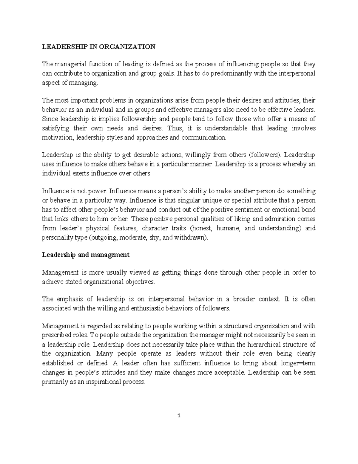 Leadership in Organizations: Key Concepts and Theories Explained - Studocu