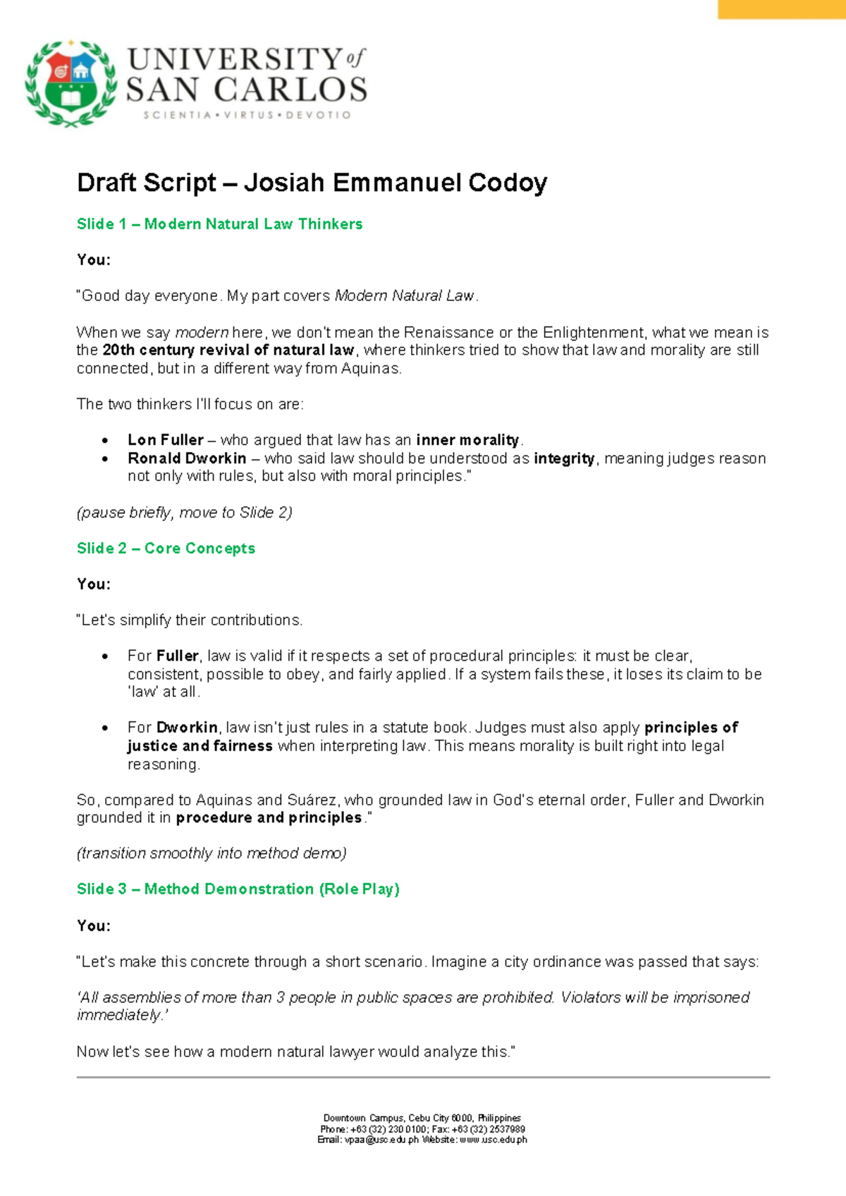 Draft Script: Modern Natural Law Thinkers - Josiah Emmanuel Codoy - Studocu