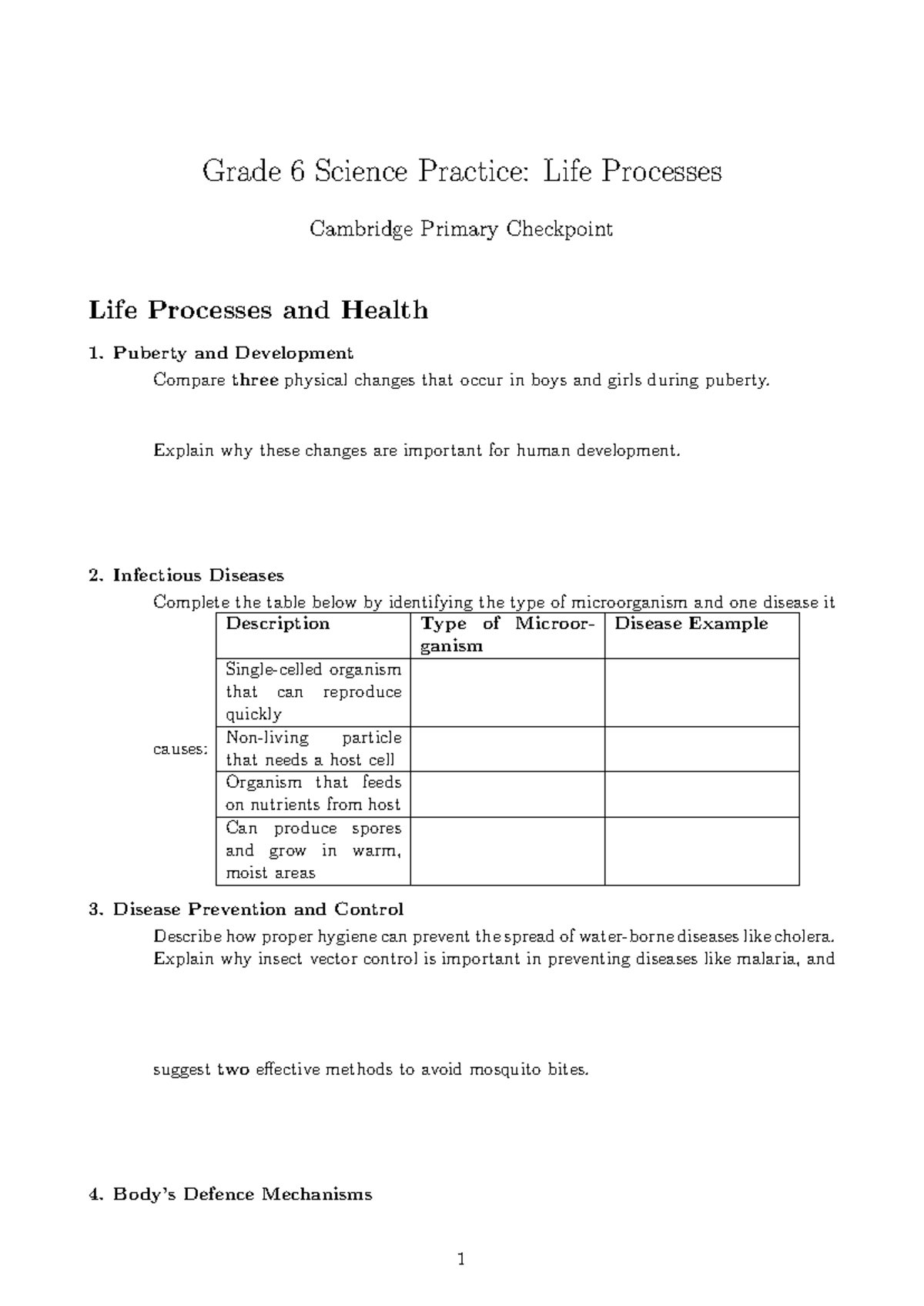 Grade 6 Science Practice: Life Processes & Health (Biology Checkpoint ...